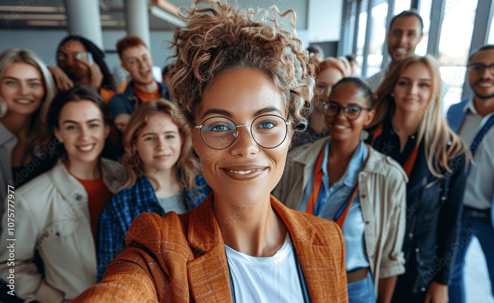 Business team celebrating unity and collaboration with a group selfie ...