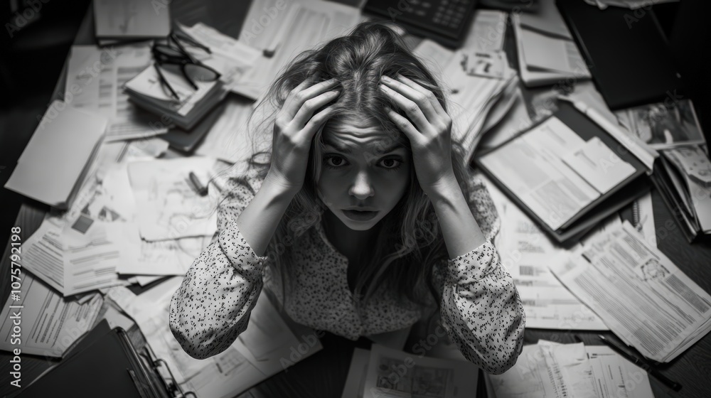 Stressed woman overwhelmed by paperwork and deadlines in a disorganized ...