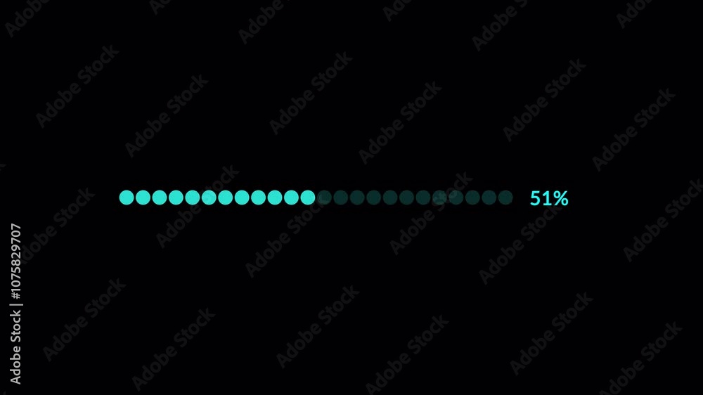 Minimalist progress bar animation from 0% to 100% with dots on black ...