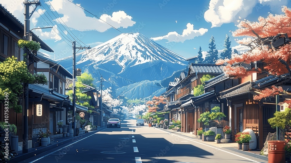 Sunny Japanese Street with Mountain Background in Anime Style, Cozy ...