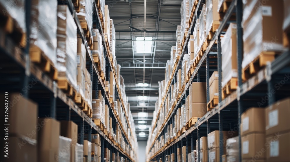 A wide aisle in a warehouse filled with neatly stacked cardboard boxes ...