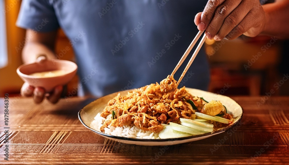 Faceless man eat Rojak in restaurant with bokeh background. Malaysian ...