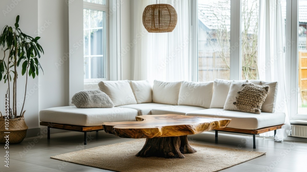 Japandi-style interior with a live edge coffee table and corner sofa ...