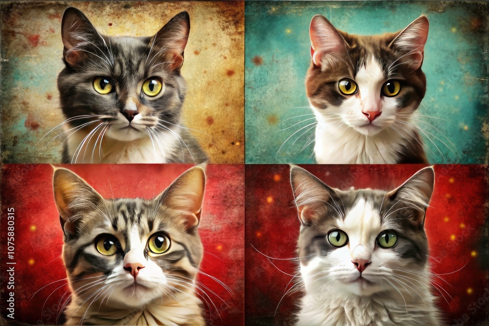 Vintage Style Collage of Four Cat Portraits in Red, White, Black, and ...