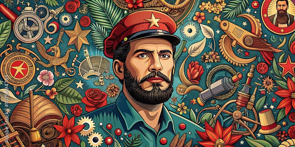 Retro Cuban Revolutionary Tattoo Art and Soviet Symbols with Copy Space ...