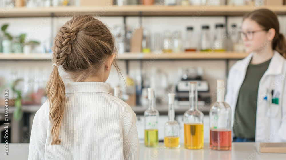 Young Scientist's Curiosity: A girl watches intently as a scientist ...