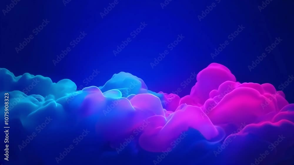 Dynamic clouds of neon blue and pink colors gracefully merge in a ...