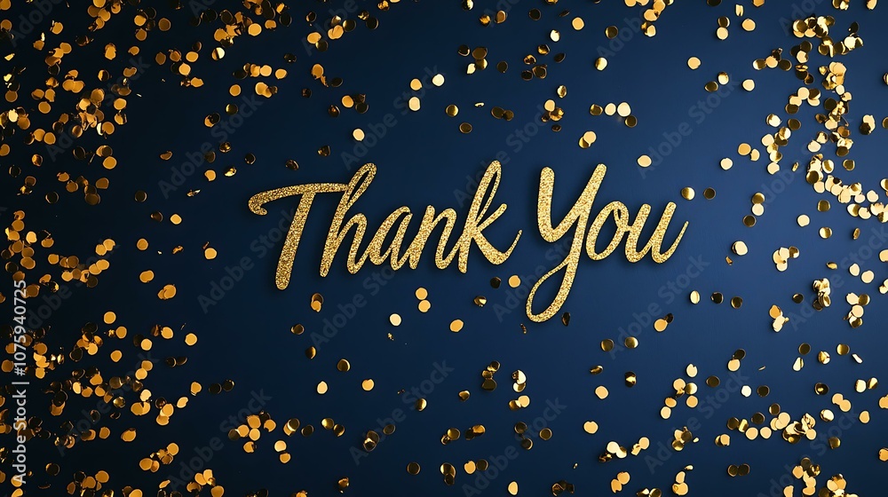 Create a visually striking image featuring dark blue and gold confetti ...