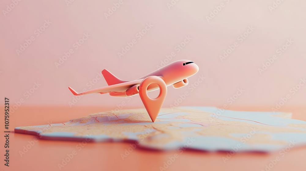 A stylized airplane model positioned on a map with a location pin ...
