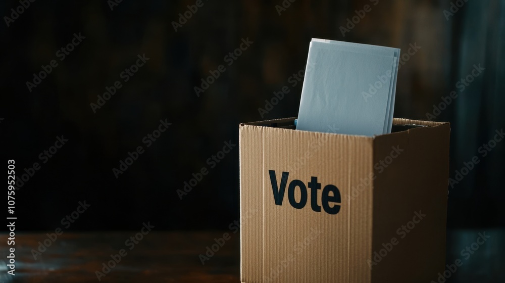 A cardboard ballot box labeled "Vote" with a ballot slip inserted ...