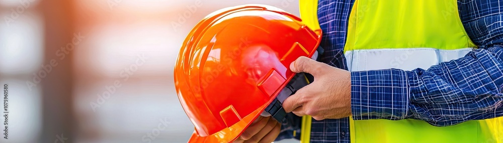 Construction Worker Holding Safety Helmet with Bright Orange Color in ...