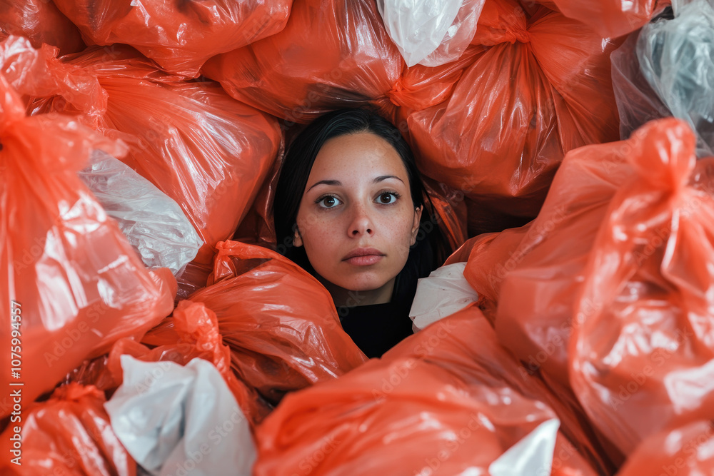 Woman amidst discarded garbage bags, urban environment, highlighting ...