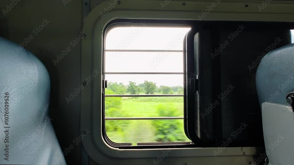 View from small train window as it rides through scenic Indian ...