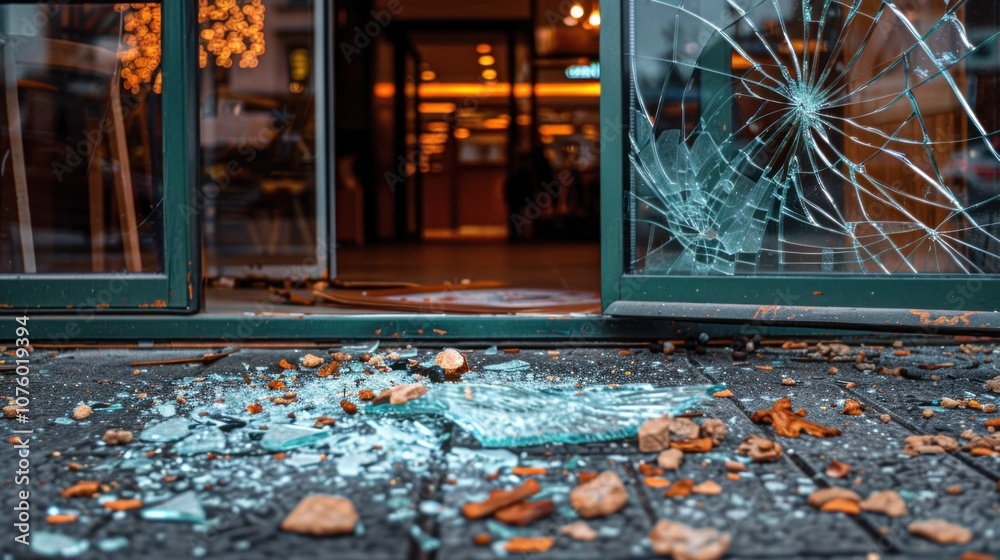 Dim lighting illuminates a broken bank window with scattered glass ...