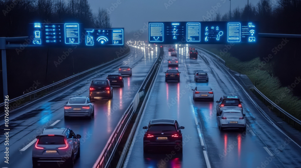 A highway filled with electric vehicles, with digital road signs ...