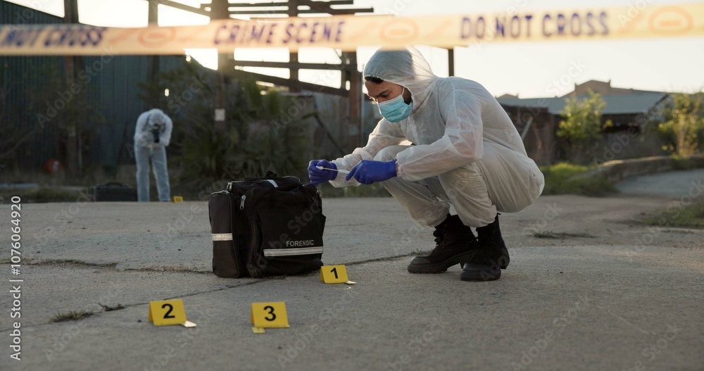 Person, forensic and sample of crime scene with evidence outdoor, dna ...
