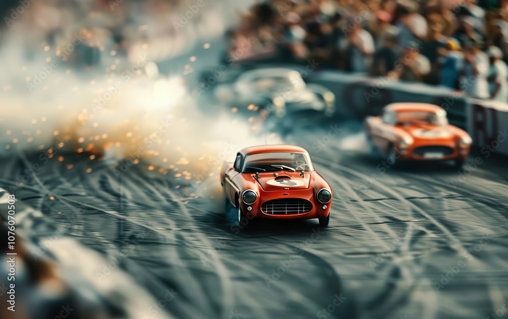 Retro picture of sport vehicles participating in a competition. Fast ...