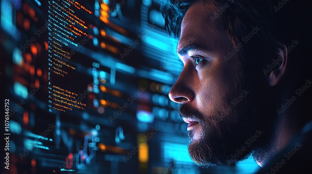 Side view of a programmer's face in deep focus, screens in the ...