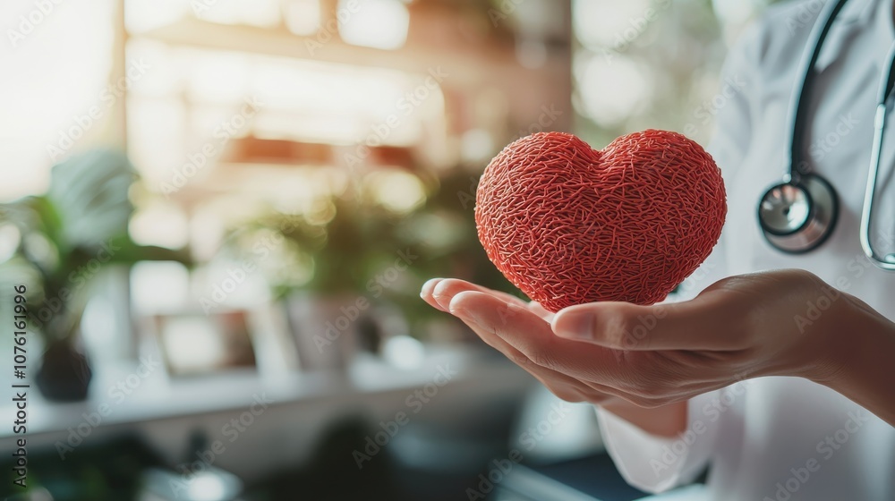 Healthcare professional holds a symbolic red heart model in their hand ...