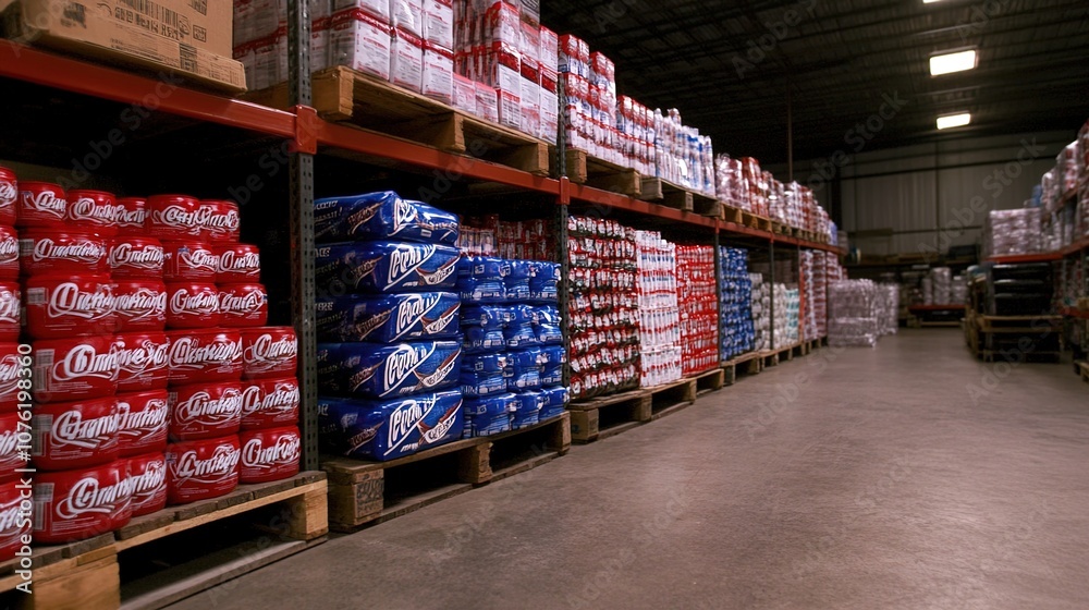Stacked Beverage Cans in Warehouse Aisle with Colorful Packaging and ...