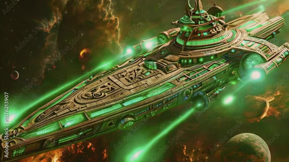 A Mayan-inspired starship with intricate stone carvings and feathered ...