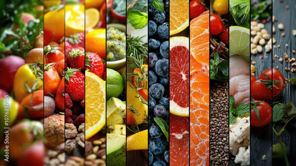 Show me a photo of a vibrant, colorful collage of healthy foods ...