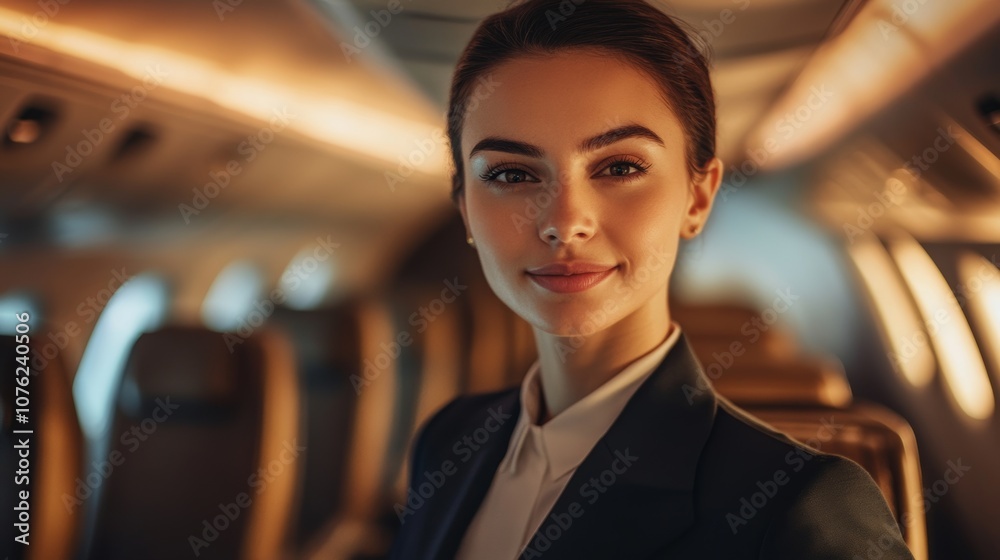 A cabin crew member offering in-flight service to business class ...