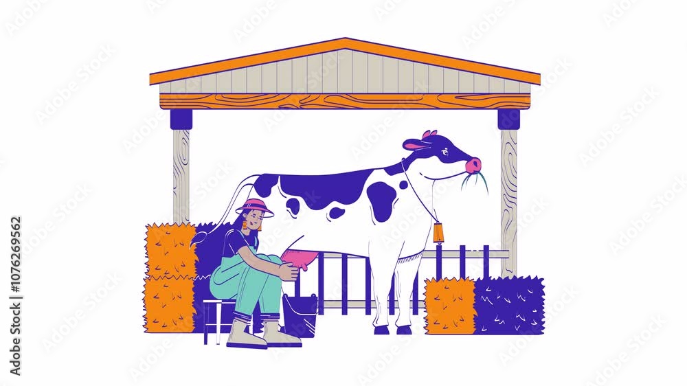 Farmer woman milking cow doodle cartoon animation. Cattle cowshed 4K ...