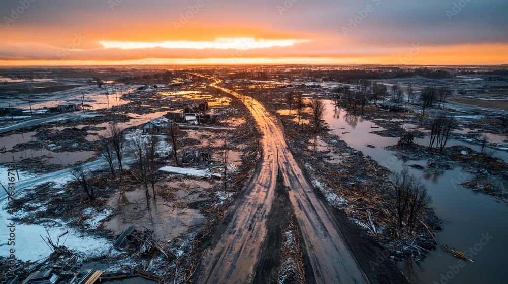 Aerial view of a flooded landscape with a damaged road and scattered ...