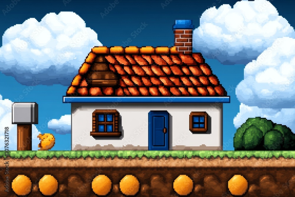Pixel art of a classic house icon with vibrant 8-bit colors, capturing ...