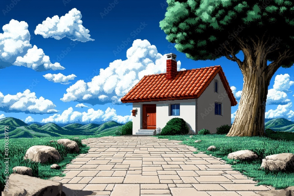 Pixel art of a classic house icon with vibrant 8-bit colors, capturing ...