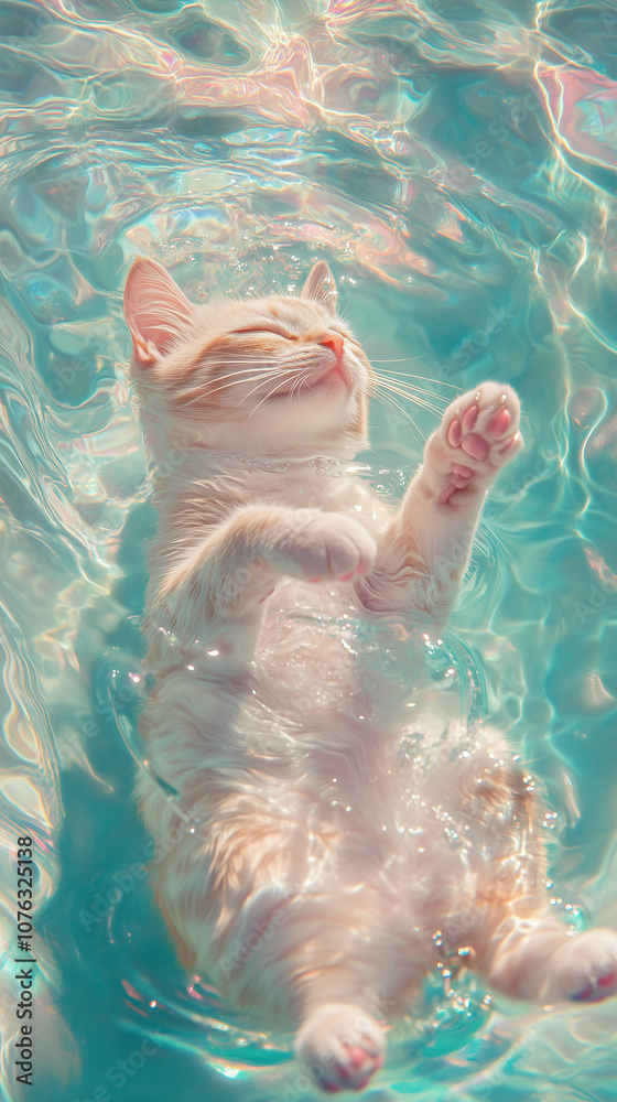 Cute Cat Swimming in Surreal Blue Ocean – Dreamy and Whimsical Scene ...