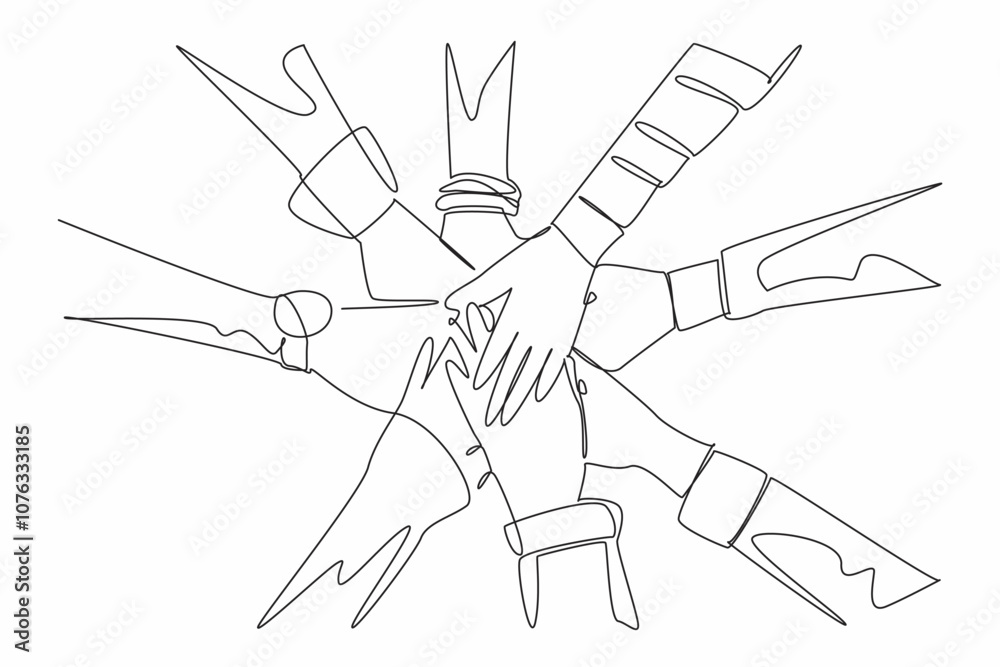 Single continuous line drawing eight hands with their sleeves stacked ...
