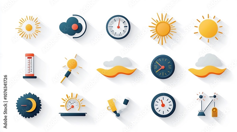 A collection of weather themed icons featuring thermometers bright sun rays and heat waves in ...
