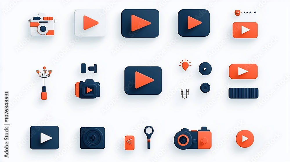 Minimalist icon set depicting essential controls and elements for ...
