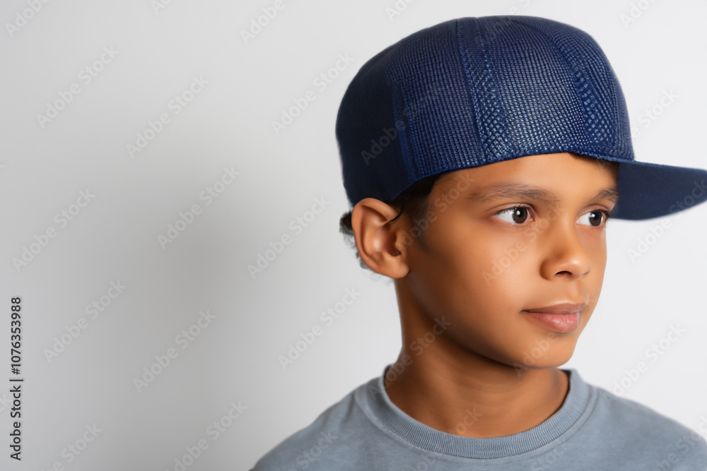 Boy gray and white with cap on . child person male concept. little boy ...