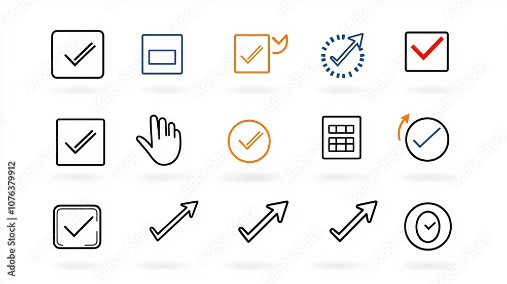Collection of 15 clean icons symbolizing various selection and decision making elements such as ...