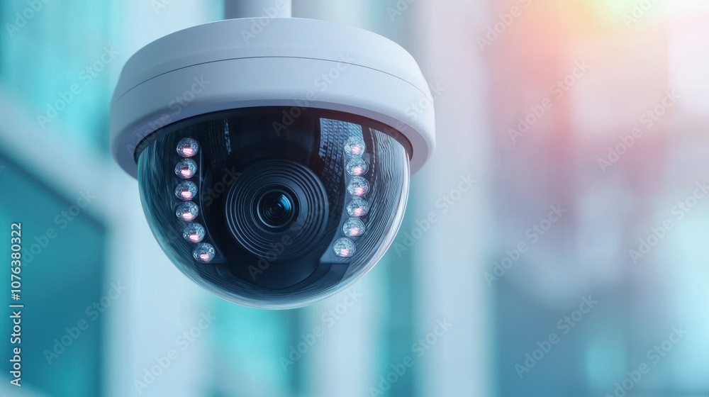 A modern security camera installed indoors, featuring a sleek design ...