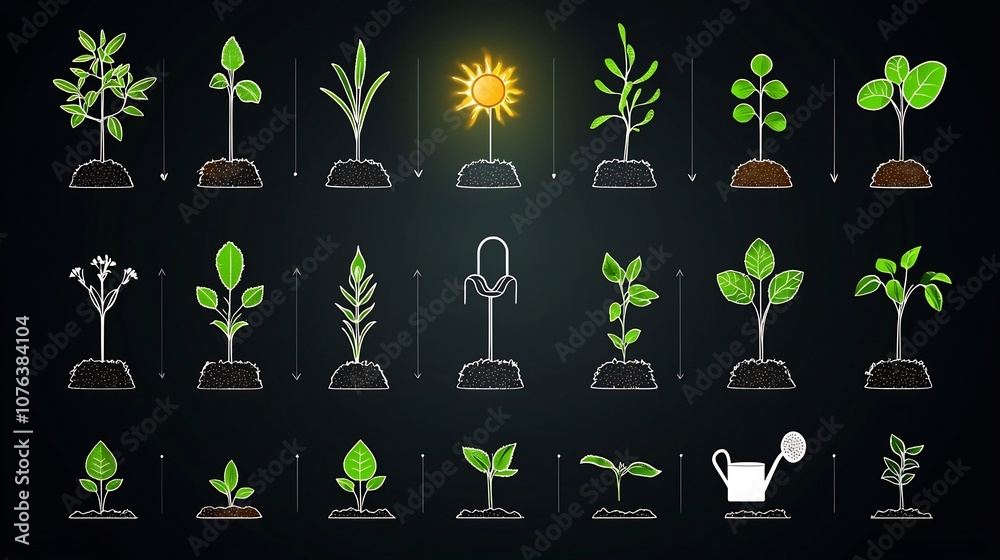 Set of 15 Outline Icons Representing Various Stages and Elements of ...