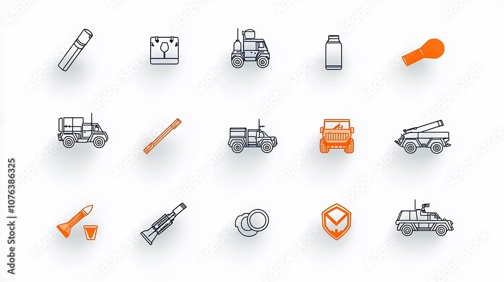 Minimalist design of a war icon set featuring 15 outline symbols for ...