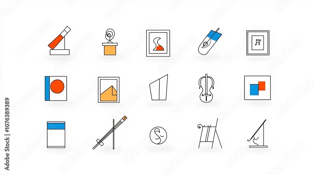 Collection of 15 classic art form outline icons including painting ...