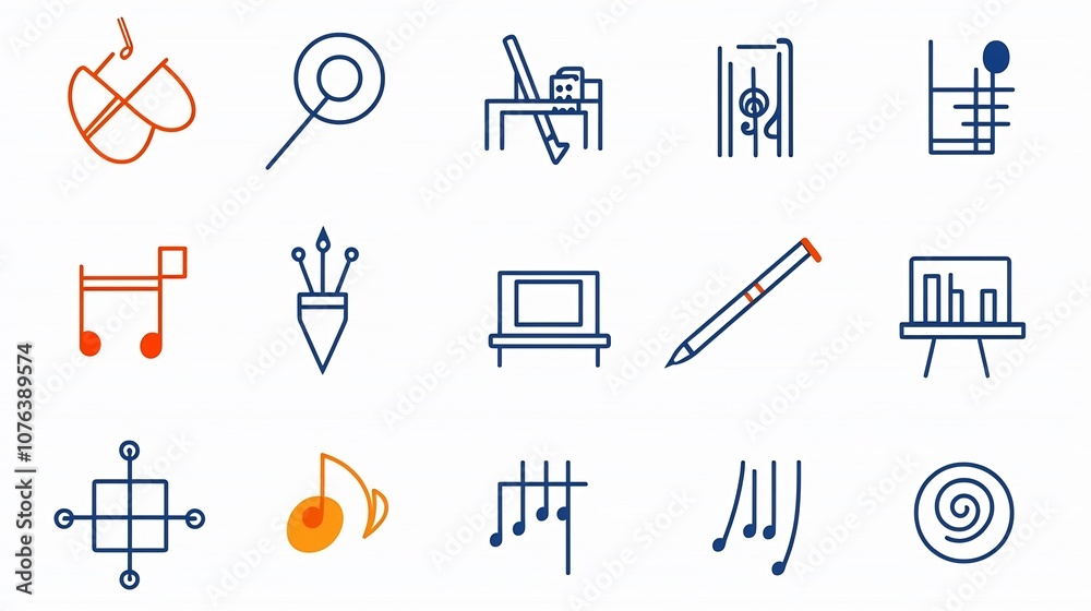Set of 15 linear icons illustrating various art themes including ...