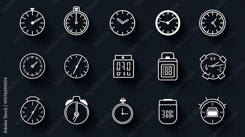 Collection of 15 minimalist outline icons representing various clock ...