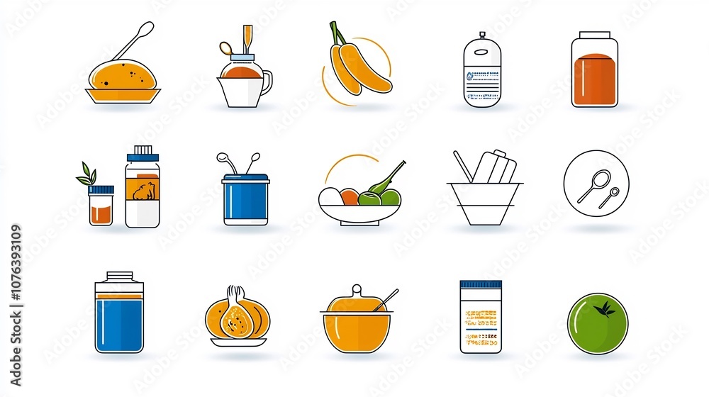 Set of 15 nutrition themed outline icons featuring symbols for obesity ...