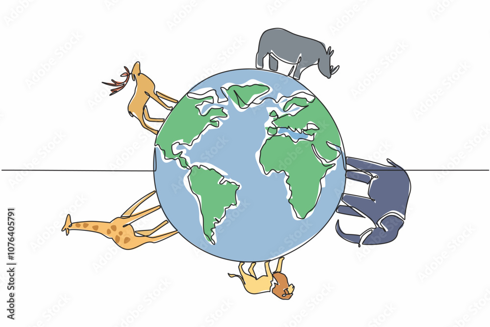 Continuous one line drawing giraffes, elephants, deer, lions ...