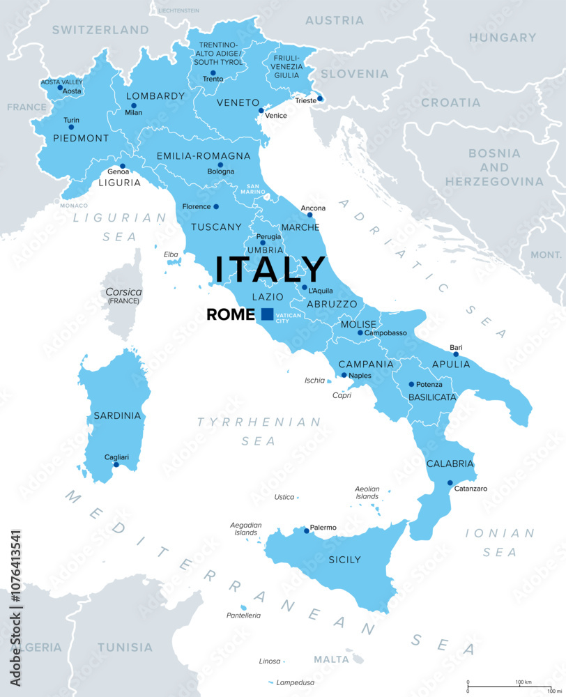 The regions of Italy, a country in Europe, political map. First-level ...