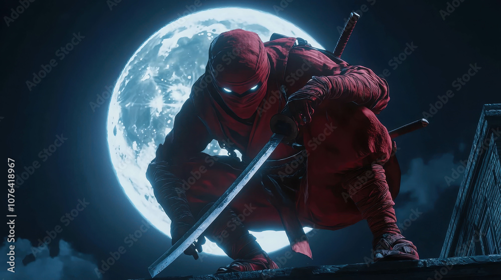 Dynamic Red Ninja in Action Pose Standing on Rooftop Against Full Moon ...