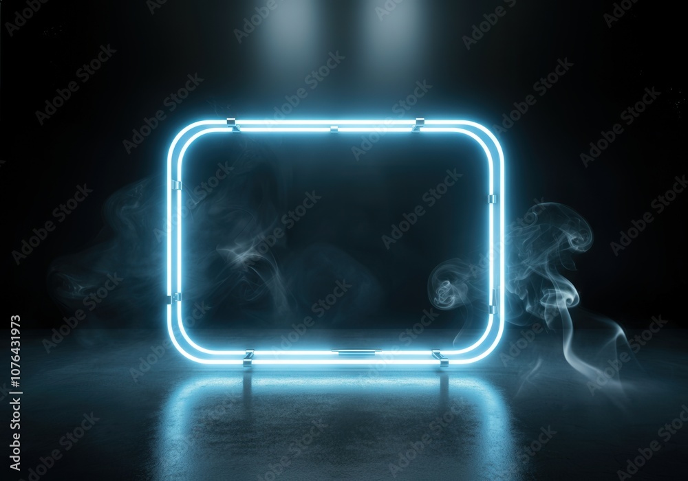 Empty rounded rectangular neon sign illuminating smoke in dark room ...