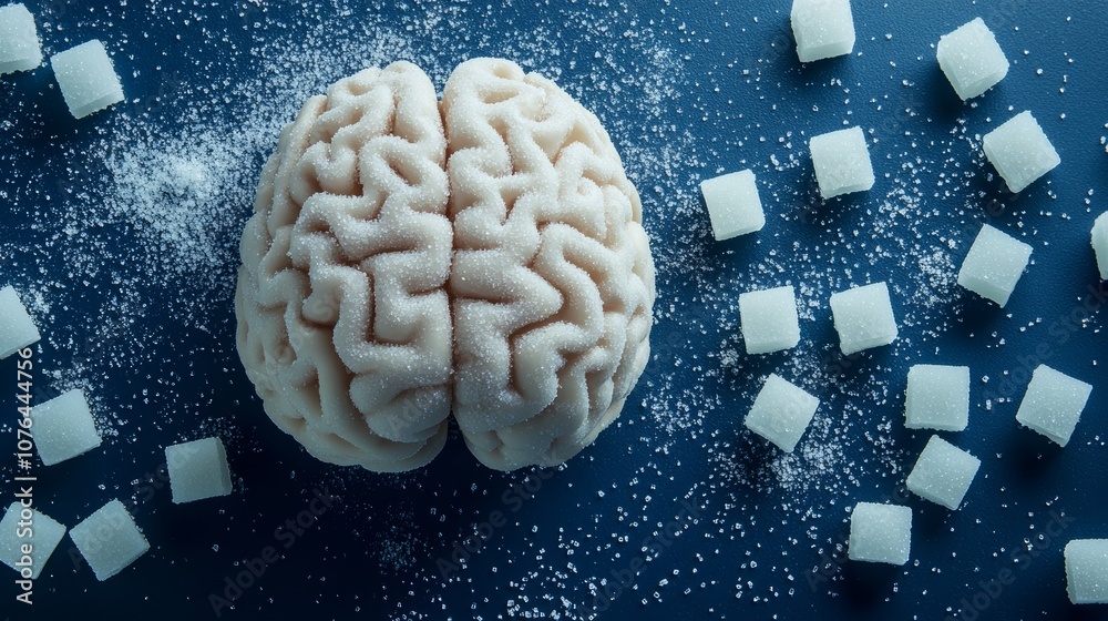 Granulated sugar is covering a brain model surrounded by sugar cubes ...