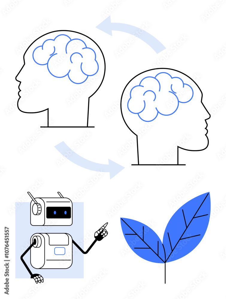 Two human brains with arrows, robot with pointing arm, eco-friendly ...
